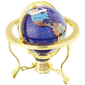 Unique Art 10-Inch Tall Table Top Blue Crystallite Ocean Gemstone World Globe with Gold Tripod Stand