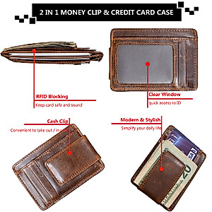 HOPSOOKEN Money Clip RFID Front Pocket Wallet Men Leather Slim Minimalist Wallet (Brown with ID Window (Crazy Hourse Leather))