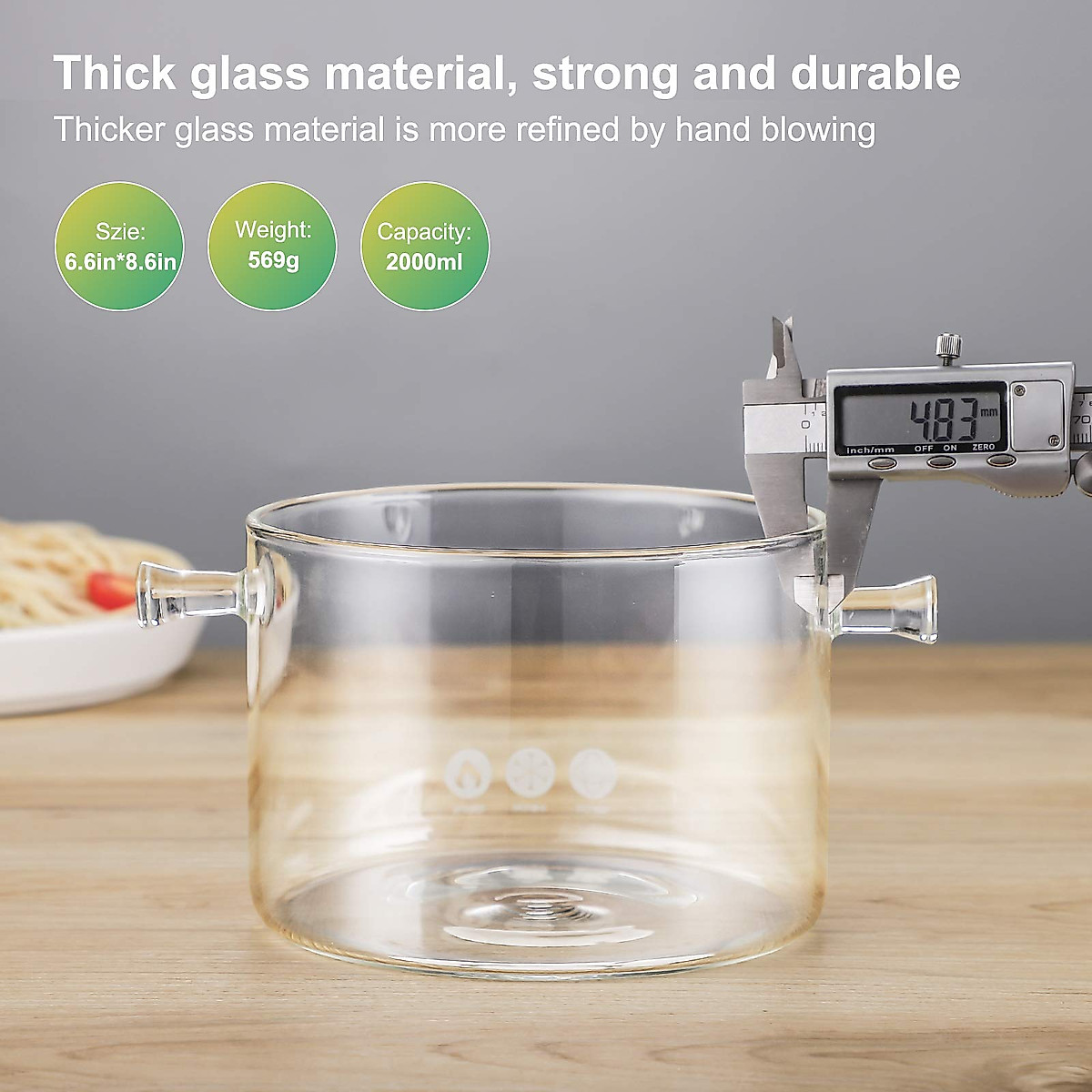 Glass Saucepan with Cover- 1.5 Liter/50oz Handmade Glass Pot with handle, Heat Resistant Cooking Pot/Pan Cookware for Soup, Pasta,& Baby Food