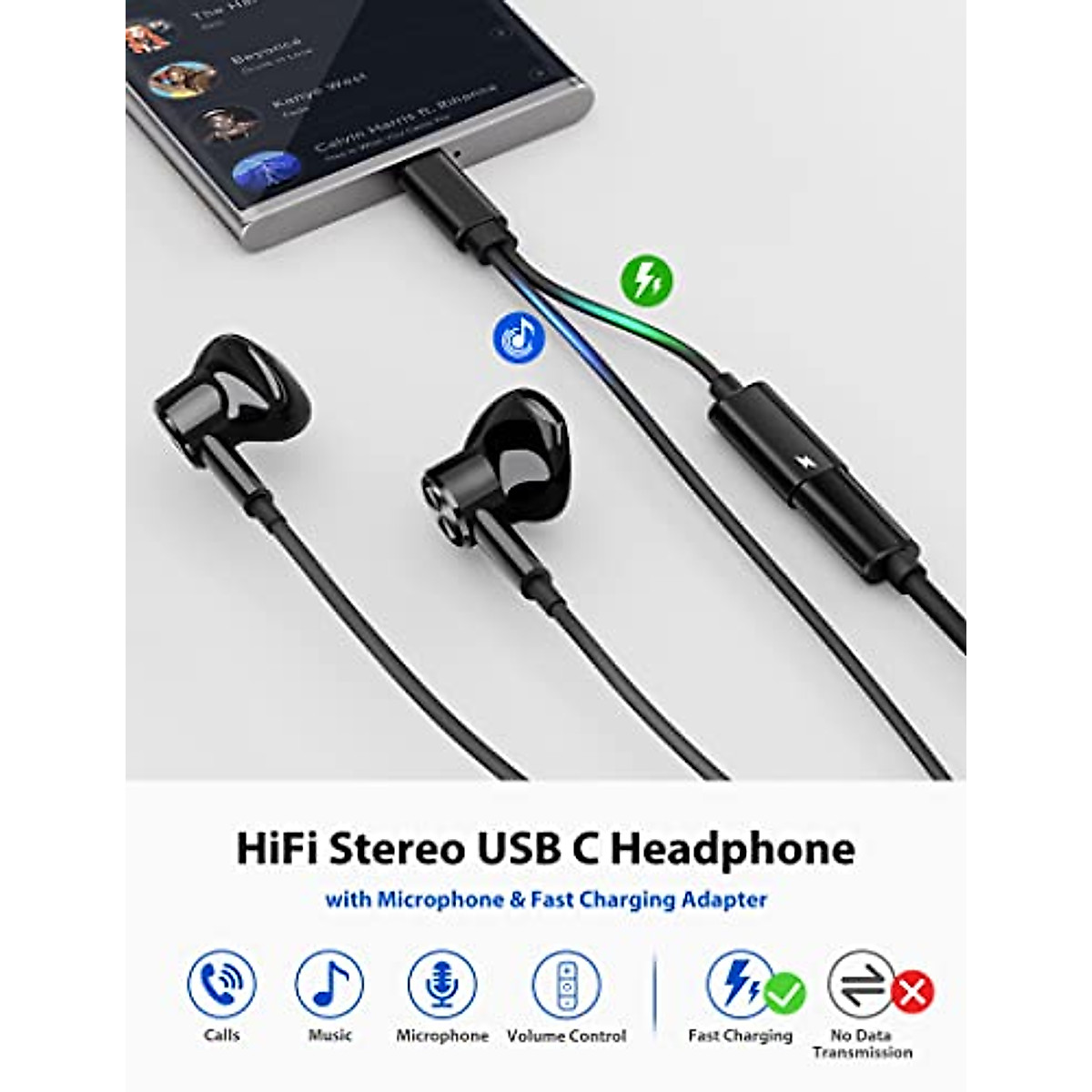 USB C Headphone for Samsung Galaxy S23 Ultra S22 A53, Type C Headphone Charging Adapter 2-in-1 Wired Earbuds with Mic PD Fast Charging Noise Canceling Earphone for Google Pixel 7 Pro 6 6A Flip 3