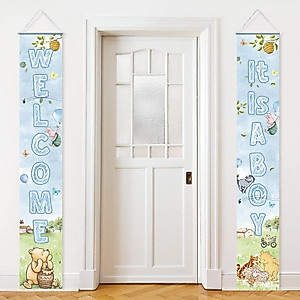 Classic Winnie Porch Sign for Boys Baby Shower Party the Winnie Bear Themed Yard Banner Blue Winnie Bear Party Decorations Polyester Welcome Door Hanging Decor Windproof Party Supplies 2PCS 12"X71"