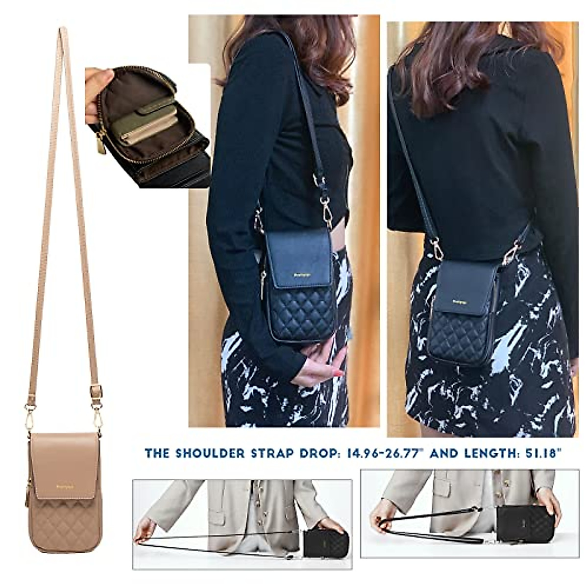 KINOUCHI Cell Phone Purse Small Crossbody Bags for Women - Leather Shoulder Handbag Wallet Messenger Bag for Travelling