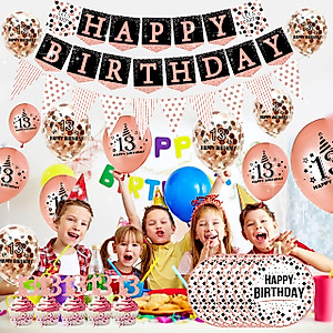 70th birthday decorations for women - (76pack) rose gold party Banner, Pennant, Hanging Swirl, birthday Balloons, Foil Backdrops, cupcake Topper, plates, Photo Props, Birthday Sash for gifts women