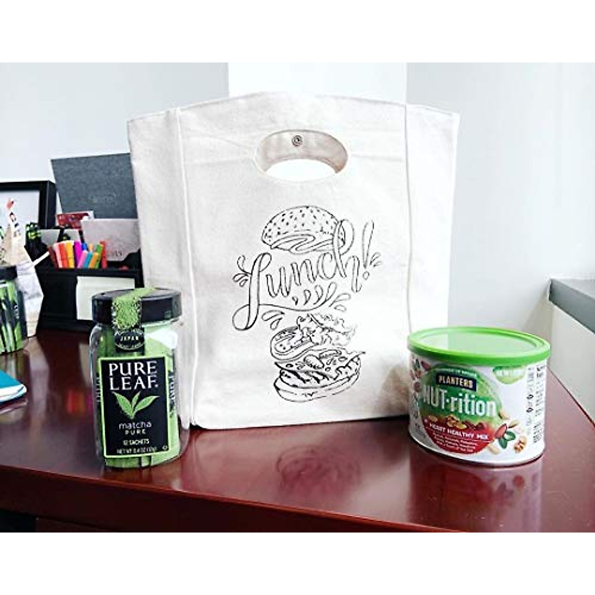 Organic Cotton Canvas Lunch Bag - Sturdy Cotton Cloth Lunch Bag - Reusable and Machine Washable Canvas Lunch Tote - Canvas Lunch Sack for Men, Women and Kids - Premium Quality, Double Stitched (White)