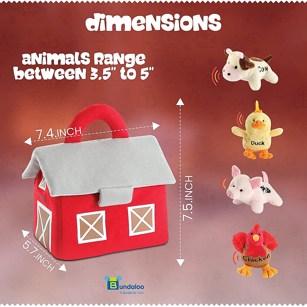 Bundaloo Plush Farm Animal Toys with Realistic Sounds - Plushie Play Set with Barn Carrier
