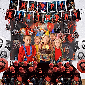 CAILESS Horror Party Decorations - 105Pcs Halloween Party Supplies Include Banner Backdrop Balloons Cake Toppers Sticker Tablecloth for Birthday Party
