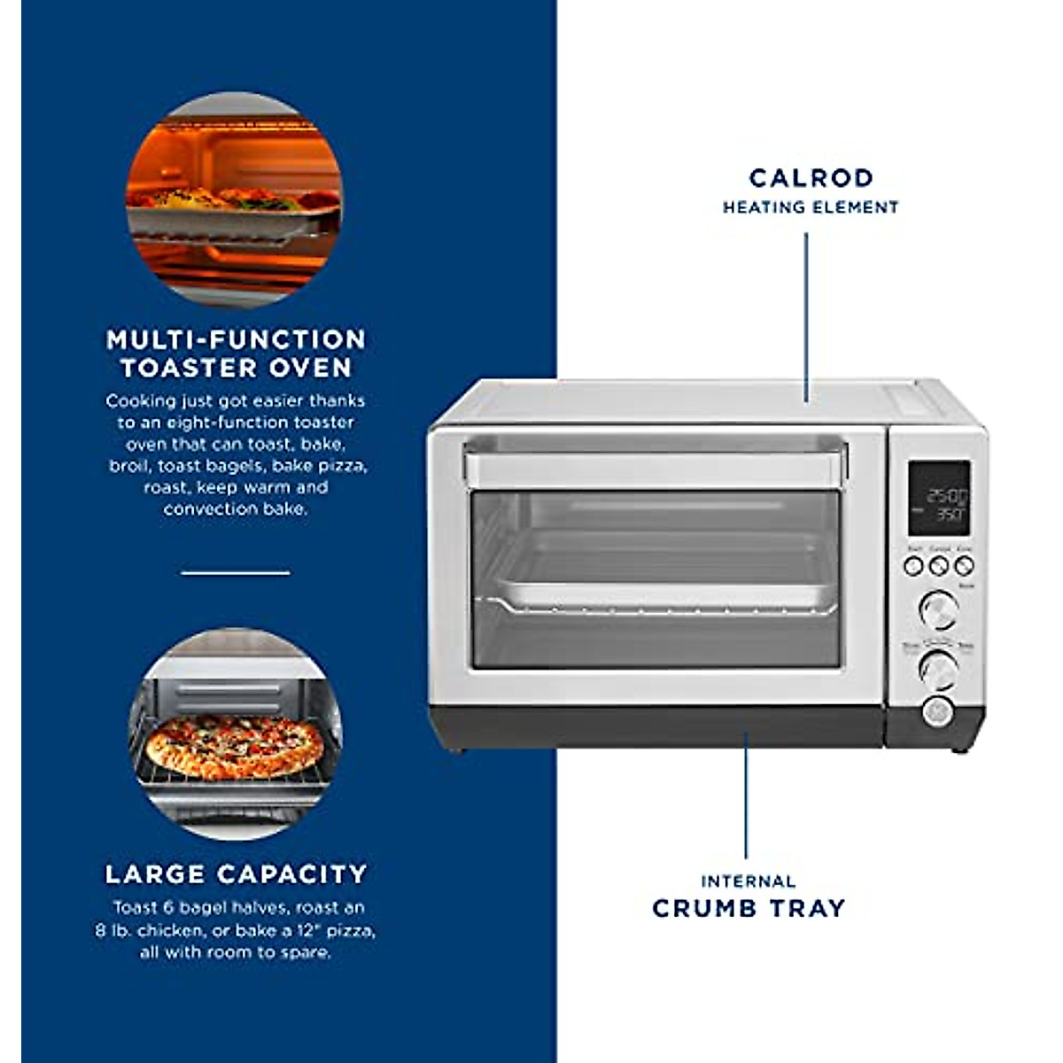 GE Convection Toaster Oven | Calrod Heating Technology | Large Capacity Toaster Oven Complete With 7 Cook Modes & Oven Accessories | Countertop Kitchen Essentials | 1500 Watts | Stainless Steel