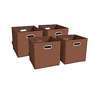 JIAessentials Medium 12-inch Brown Foldable Diamond Patterned Faux Leather Storage Cube Bins Set of Four with Handles with Dual Handles for living room, bedroom and office storage