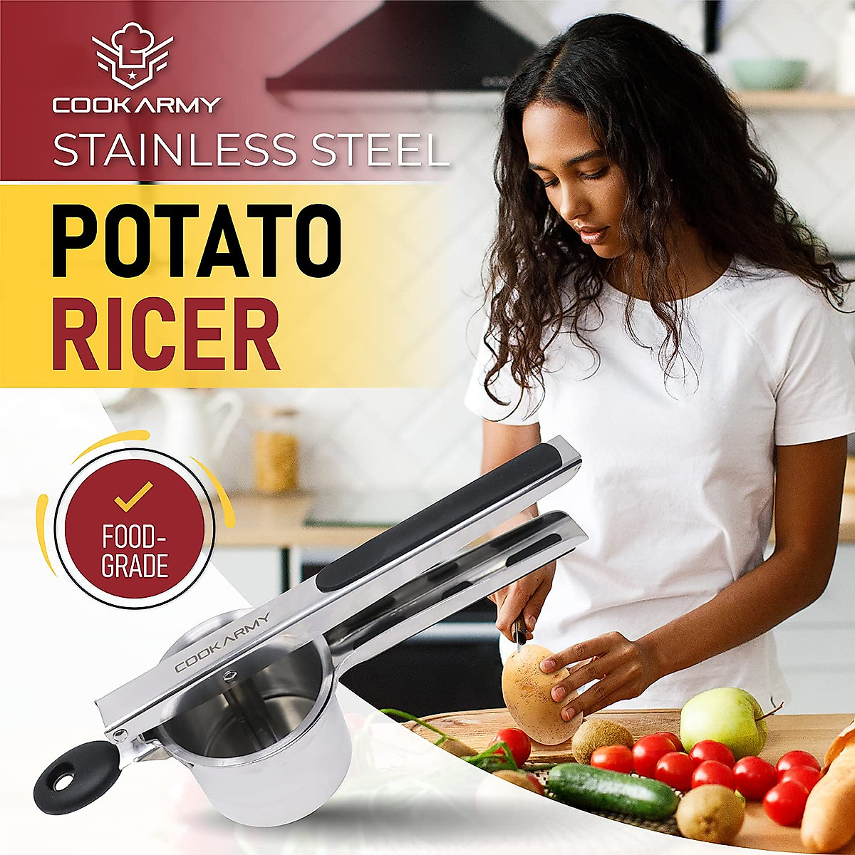 Cook Army Potato Ricer Stainless Steel Professional – 15 Oz Ricer Kitchen Tool With 3 Interchangeable Discs & Non Slip Handle – Mashed Potatoes Ricer & 3 in 1 Veggie Potato Peeler Knife Gadget