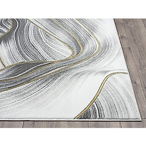 Abani Grey & Gold Metallic Contemporary Ribbon Area Rug, 5'3"x7'6" (5x8) Rugs Swirl Design Neutral Non-Shed Bedroom Rug