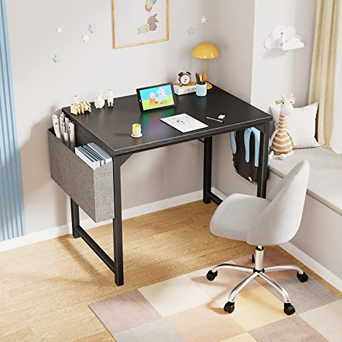 OLIXIS Computer Small Desk 32 Inch Home Office Writing Study Work Storage Bag Headphone Hooks Simple Modern Wood Kids Student Table