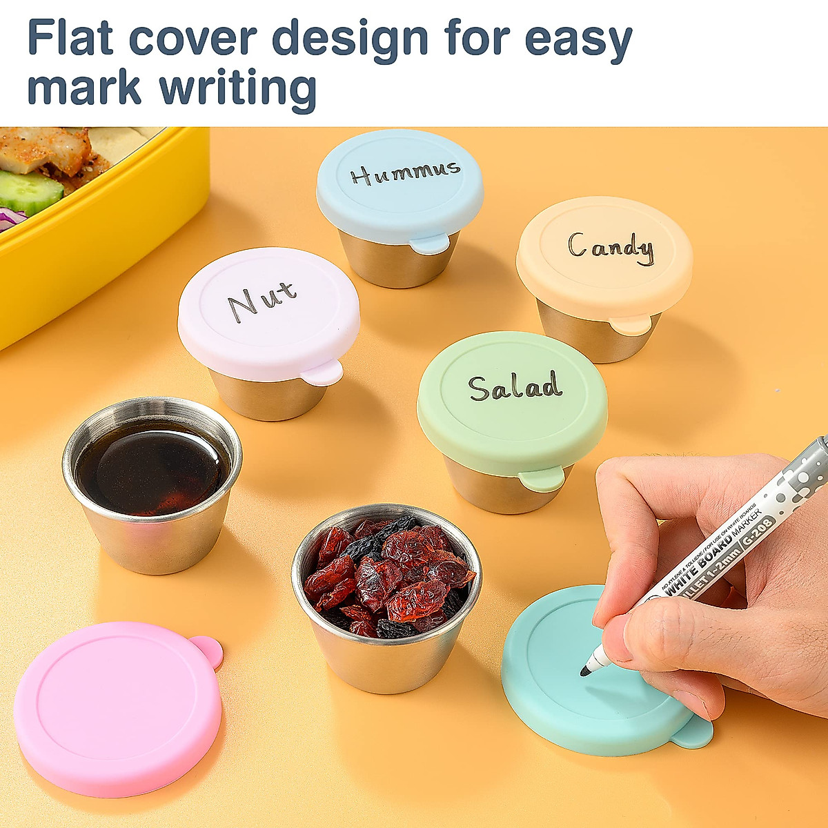 Homotte Salad Dressing Container To Go, 6x2.4 oz Small Containers with Lids, Reusable Sauce Containers for Lunch Box, 18/8 Stainless Steel Condiment Cup, Easy to Open, Leakproof Dipping Sauce Cups