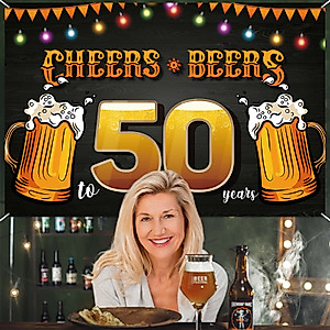 4 x 6ft Happy 50th Birthday Party Decorations Banner Black and Gold - Cheers and Beers to 50 Years Anniversary Photo Booth Backdrop party Supplies for Women and Men