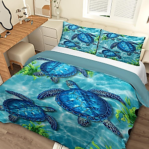 MILANKET Sea Turtle Duvet Cover Set, 100% Microfiber Blue Sea Turtle and Seaweed Pattern Bedding Set King Size, 3 Piece Ocean Turtle Themed Duvet Cover for Teens Boys and Girls