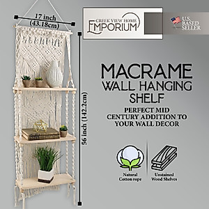 Creekview Home Emporium Hanging Plant Shelf Indoor Boho Decor - 3 Tier Macrame Shelf Wall Hanging Decor - Rope Boho Wall Art Wooden Floating Bookshelf for Kitchen, Bathroom or Bedroom