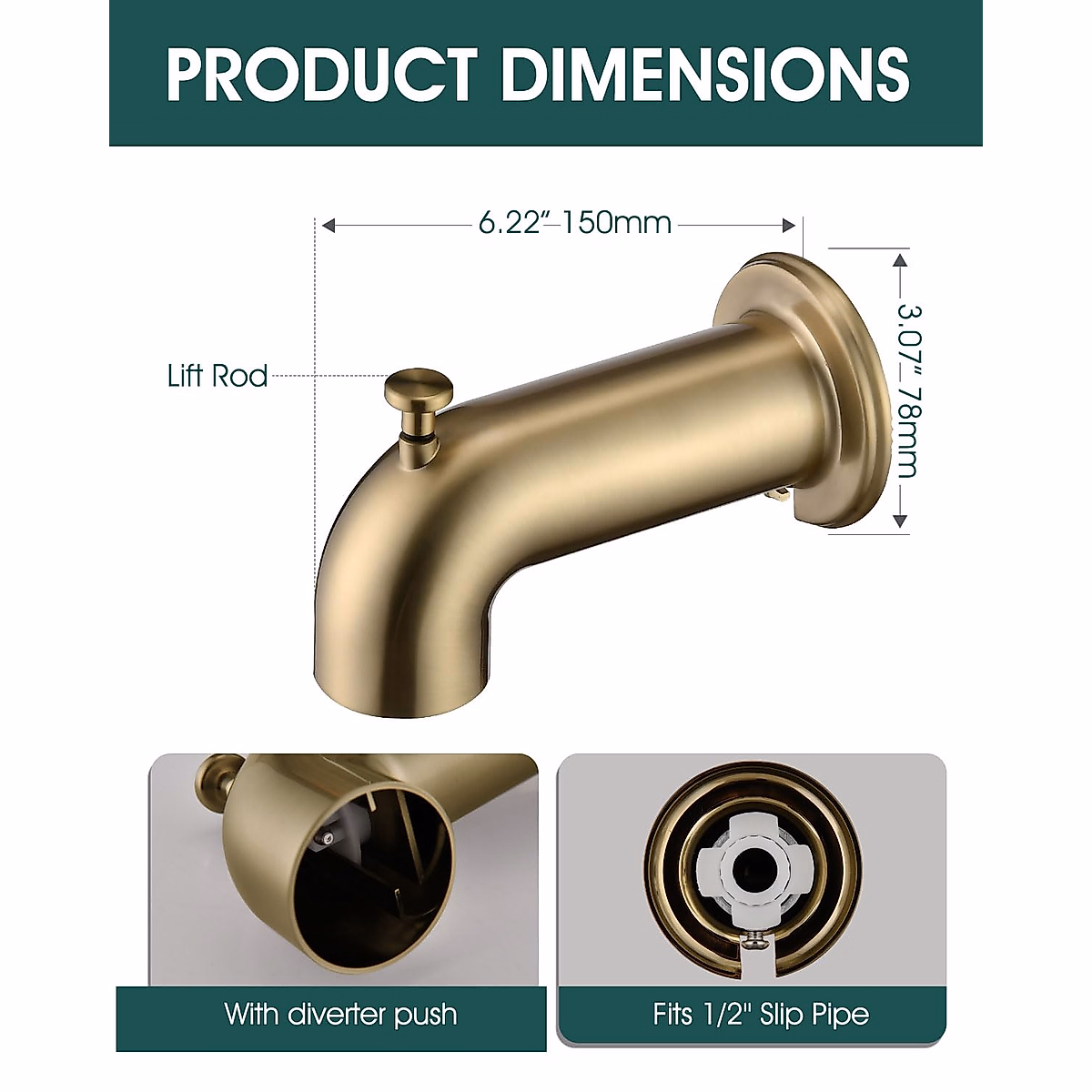 LOCALAND Slip-On Extra Long Tub Spout with Diverter, 1/2 Inch Slip Fit Connection,Brushed Gold