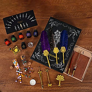 Quill Pen and Ink Set,Feather Dip pen with 6 bottles of ink,Antique Calligraphy Pen,Feather Writing Pen,Wooden Dip Pen,Glass Dip Pen,Wax Seal Stamp Kits Birthday&Christmas Gift for Men&Women(Gray)