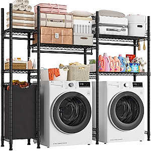 Raybee Over The Washer and Dryer Storage, Laundry Room Organization, Laundry Room Organization and Storage,78.7”W Laundry Room Shelves with Laundry Hamper and Hooks Washer and Dryer