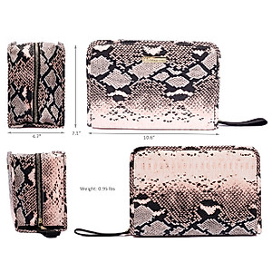 ROWNYEON Lipstick Organizer Bag Case Lipstick Holder 67 Slots Snake Print Portable Travel Makeup Bag Cosmetic Case Lipstick Carrying Case Makeup Storage Bag Case For Lip Gloss,Mascara-Pink PU Leather