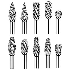 Yoption 10Pcs Double Cut Tungsten Carbide Rotary Burrs Set, with 3mm (1/8 Inch) and 6 mm (1/4 Inch) Head for Wood & Stone Working, Drilling, Steel Metal Carving, Polishing, Engraving