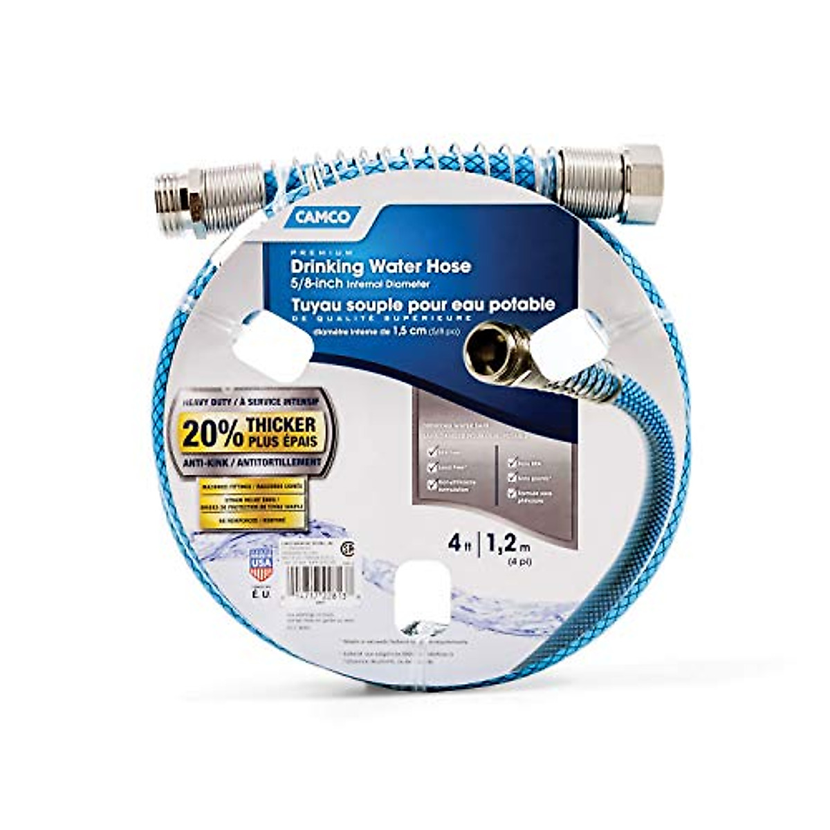 Camco 22813 4ft Premium Drinking Water Hose, Lead and BPA Free, Anti-Kink Design, 20% Thicker Than Standard Hoses 5/8" Inside Diameter, 4 Feet, Blue