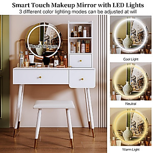 Milky White,Make Vanity Set with Touch Screen Dimming Mirror, 3 Color Lighting Modes, Dressing Table with 3 Sliding Drawers, Modern Bedroom Makeup Table and Cushioned Stool Set for Women Girls
