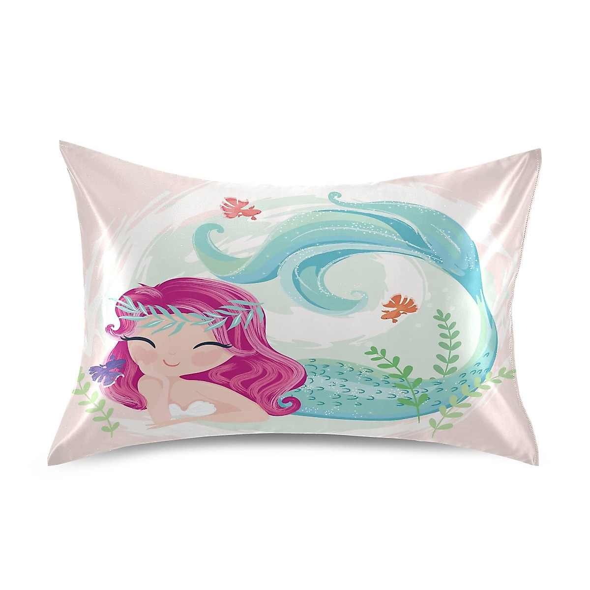 Dalzium Cute Mermaid Satin Pillowcase for Hair and Skin, Ocean Mermaid Girl Silk Pillow Case with Envelope Closure, Standard Size 20x26 inches, Pink, 1 PC