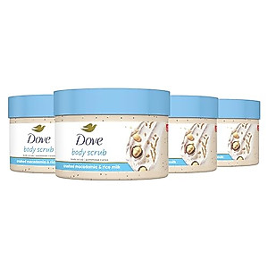Dove Exfoliating Body Polish Scrub Reveals Visibly Smoother Skin Macadamia & Rice Milk Body Scrub That Nourishes Skin, 10.5 oz, 4 Count