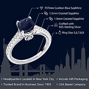 Gem Stone King 925 Sterling Silver Cushion 7MM Gemstone Birthstone and White Created Sapphire Engagement Ring | Wedding Engagement Anniversary Promise Ring For Women