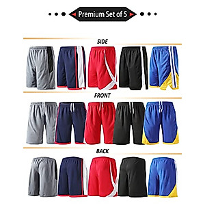 Pack of 5 Men's Athletic Basketball Shorts Mesh Quick Dry Activewear with Pockets (Set 3, Large)