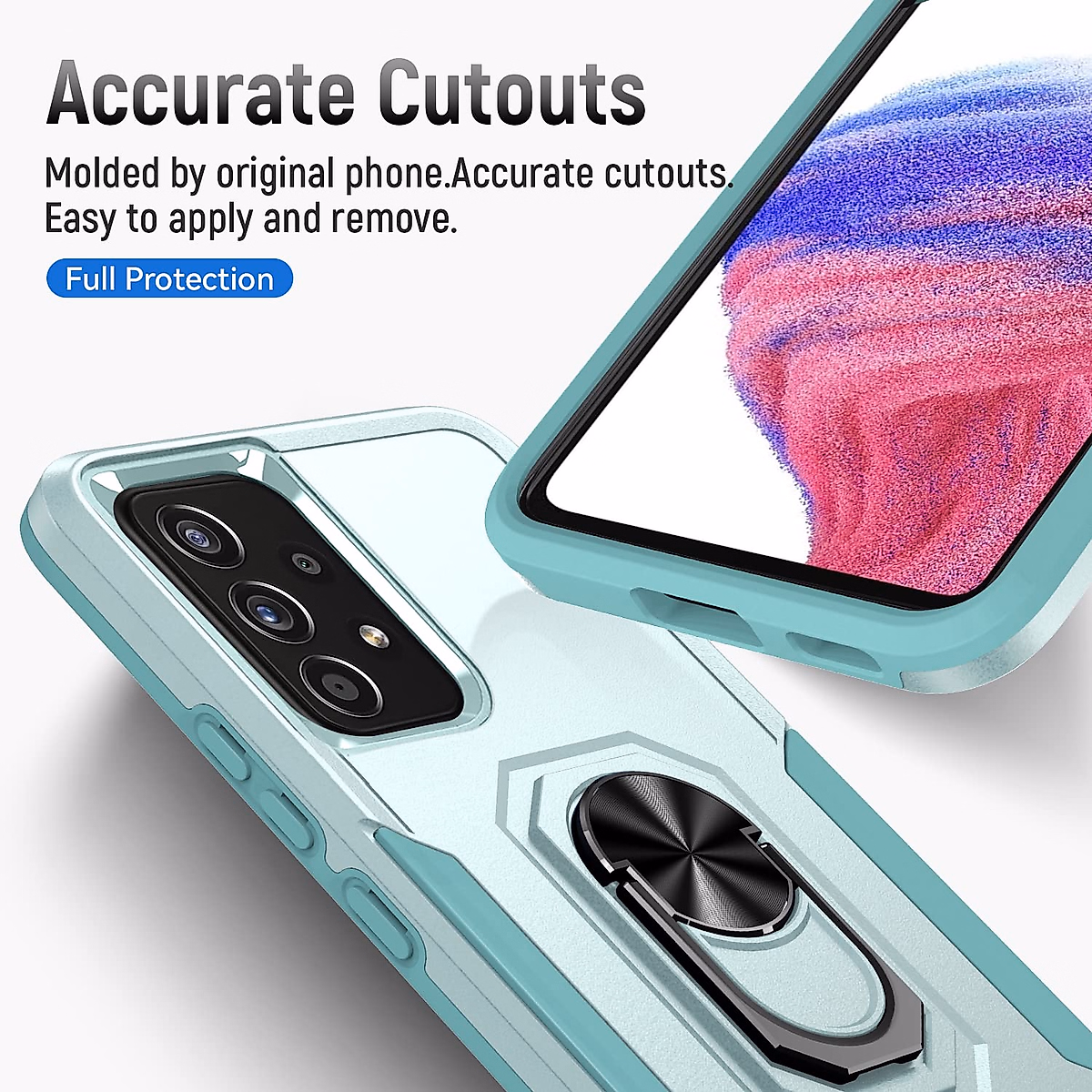 Janmitta Compatible with Samsung Galaxy A53 5G Case,with 1 Pack Screen Protector+1 Pack Camera Lens Protector,Shockproof Full Body Phone Cover,Built in Finger Ring Holder Kickstand,2022 Mint Green