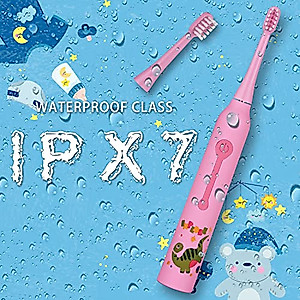 7AM2M Kids Electric Toothbrushes with 4 Brush Heads, 3 Modes with Memory, IPX7 Waterproof, 2 Minutes Build-in Smart Timer, Baby Kids Toothbrushes Suitable Age 3+ (Pink)