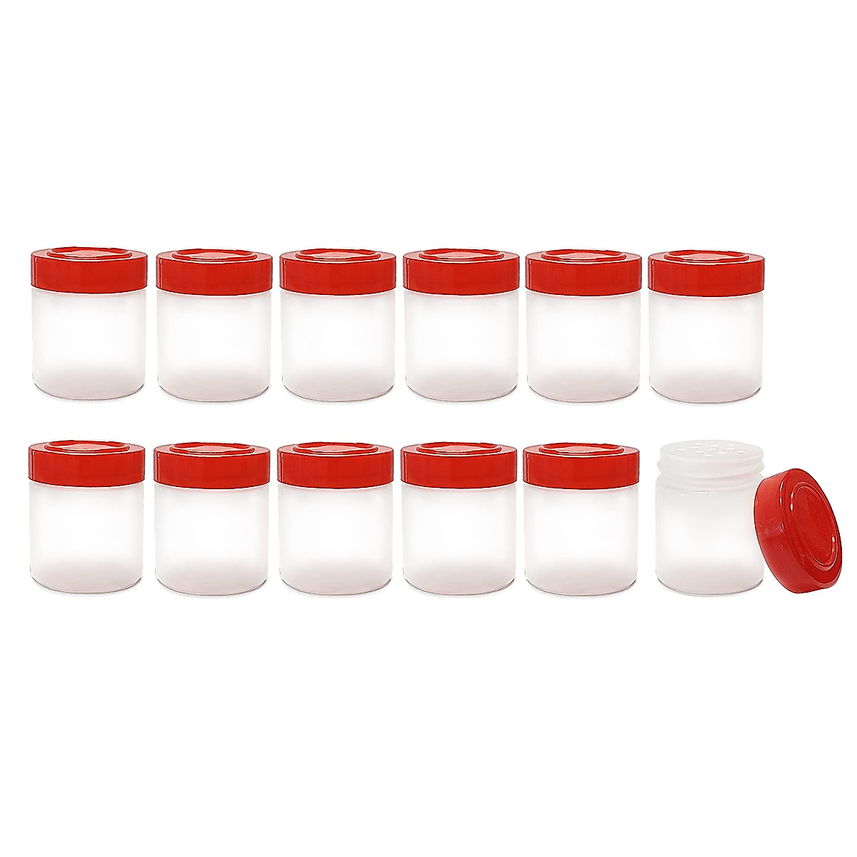 ljdeals 1 oz Plastic Spice Jars w/ Red Caps and Sifters for Herbs, Spices, Powders, Spice Bottles Great For Travel, Camping, Kitchen, Restaurant and more, Made in USA, Pack of 12