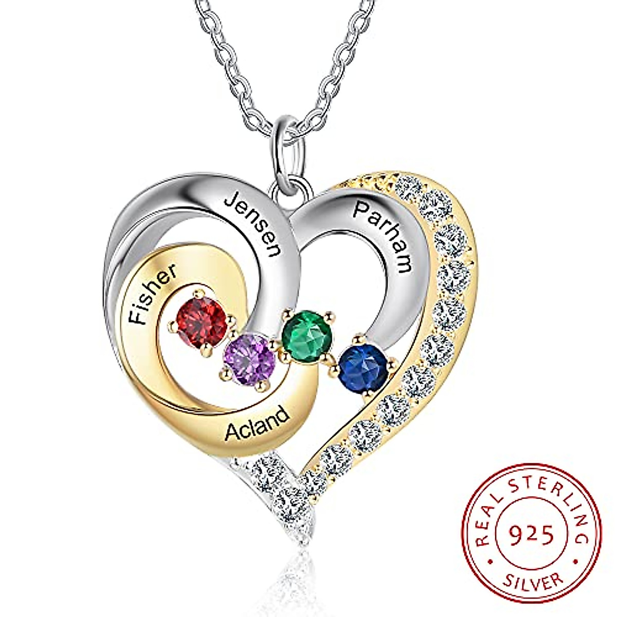 GLAMCARAT 18k gold over Silver Birthstone Heart Shaped engraved necklace with 4 Birthstones, Engraved Names personalized women jewelry engraved child names mothers necklace sister grandma