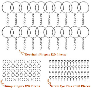 Audab 360Pcs Keychain Bulk, 120Pcs Keychain Rings with Chain and 120Pcs Open Jump Ring with 120Pcs Screw Eye Pins for Crafts and Jewelry Making