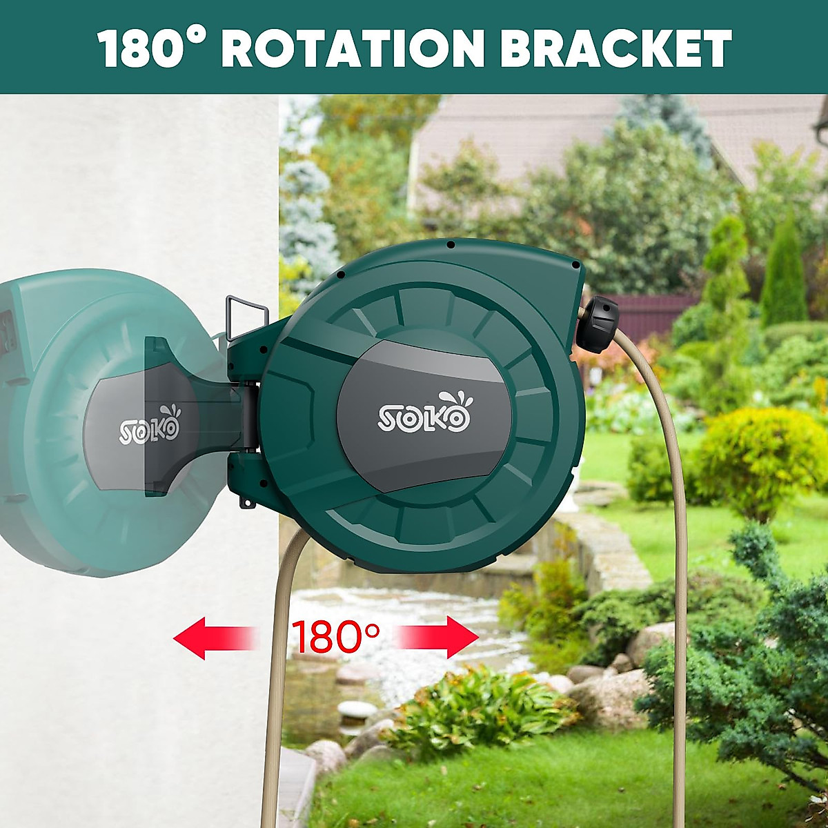 Retractable Garden Hose Reel -1/2 in x 100 ft Wall Mounted Water Hose Reel Outdoor Organizer for Garden Watering, Include Sprayer & 9 Pattern Nozzle, Auto Rewind/Any Length Lock/ 180°Swivel Bracket