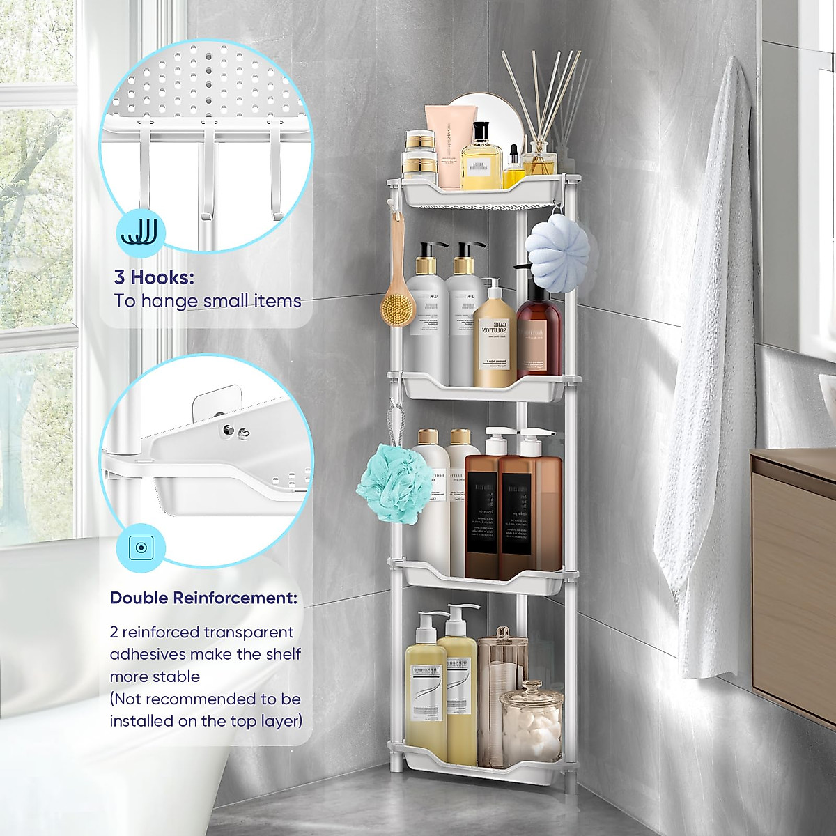 4 Tier Shower Caddy for Bathroom Corner Organizer: Rustproof Floor Standing Shower Shelves Storage with Large Capacity - Shower Organizer Rack for Bathroom Essentials, White