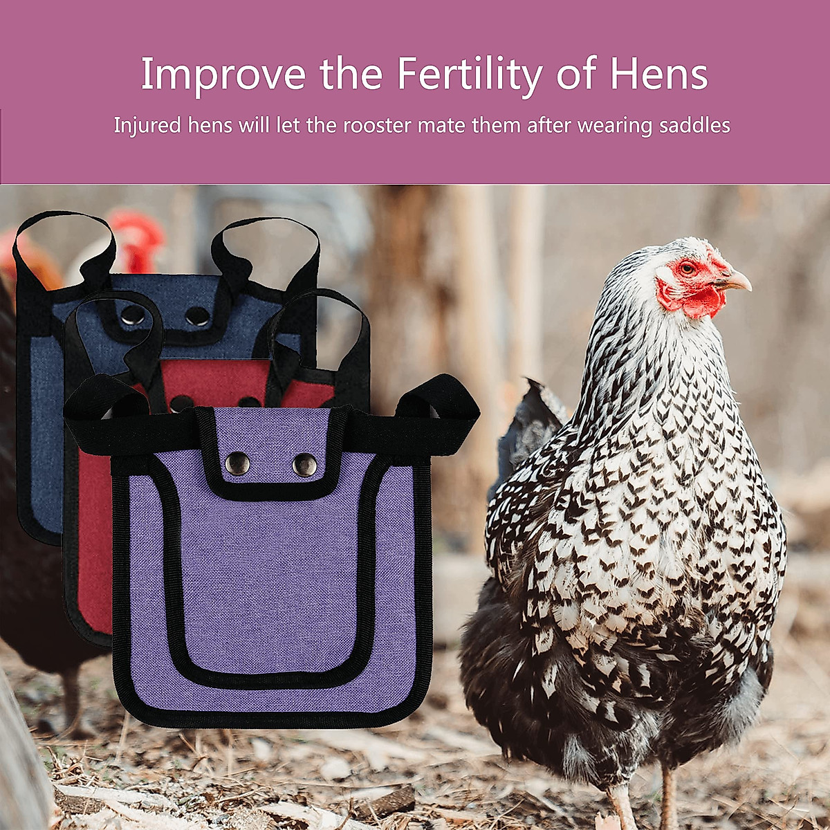 3 Pieces Premium Chicken Saddles with Adjustable Strap, Hen Saddle Sweater Clothes, Birds Protector for Back and Sides, Poultry Accessories for Hens, Suitable for 5-7.6lbs, Red & Blue & Purple