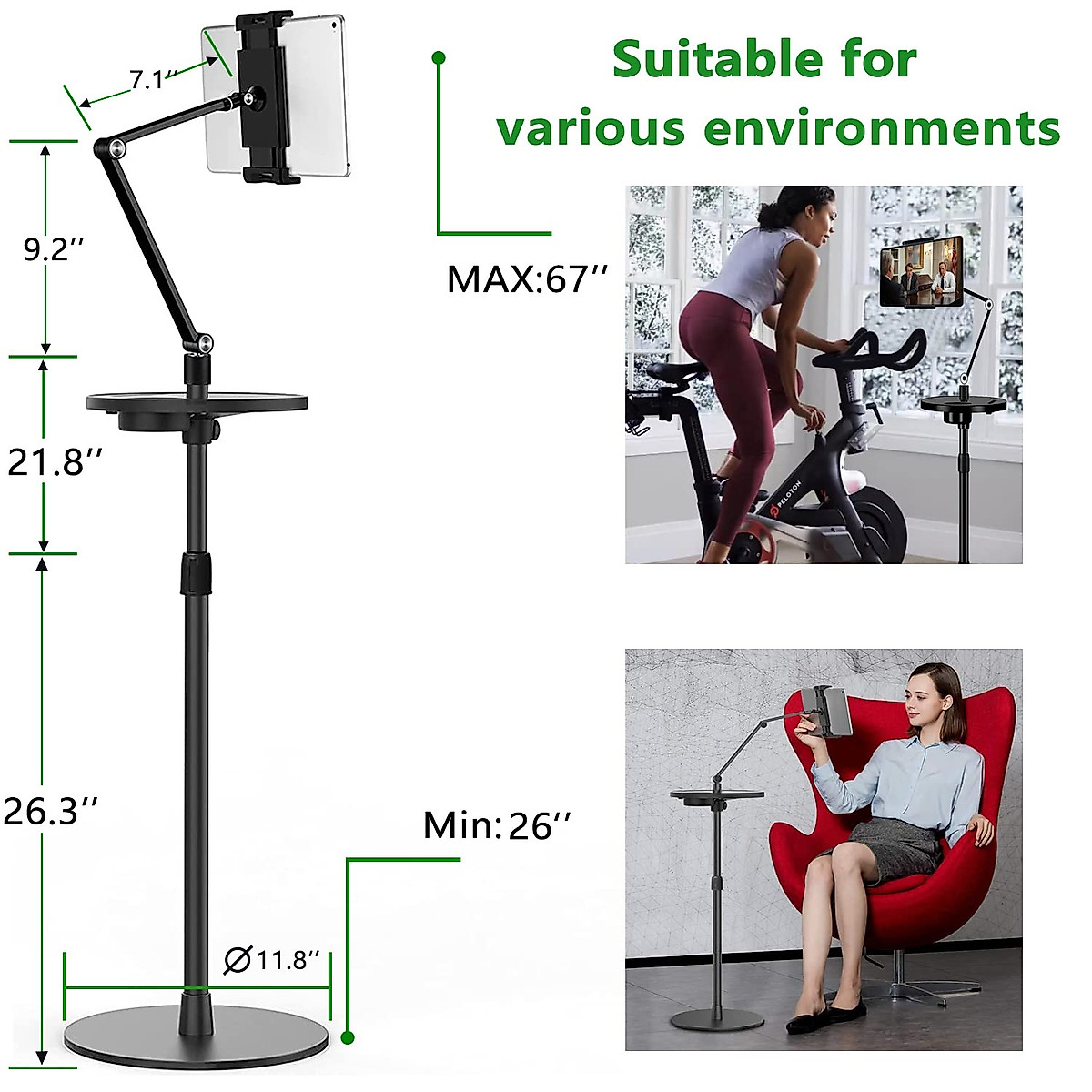 KSW KINGDO Tablet Floor Stand,Adjustable Height Swivel Tablet Holder Mount with Heavy Duty Stable Base Compatible iPad Pro Mini Air 12.9/9.7,Galaxy,Tab,Kindle,iPhone,Cellphones,Up to 13''tablets-Black