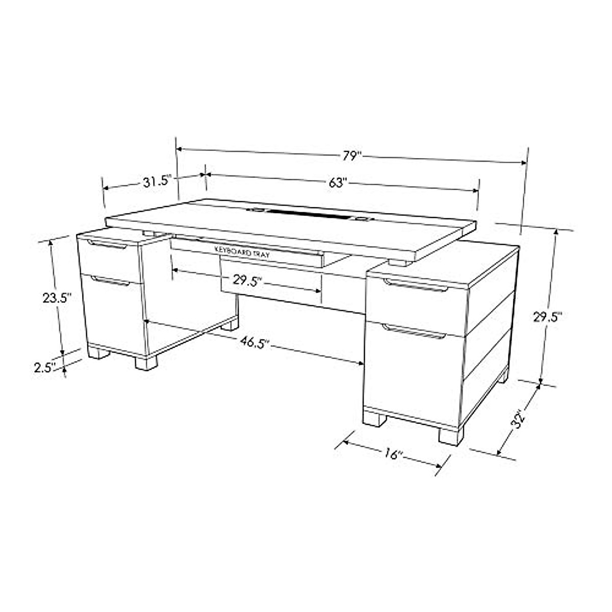 Zuri Furniture 79" Modern Ford Executive Desk with Filing Cabinets - Light Wood