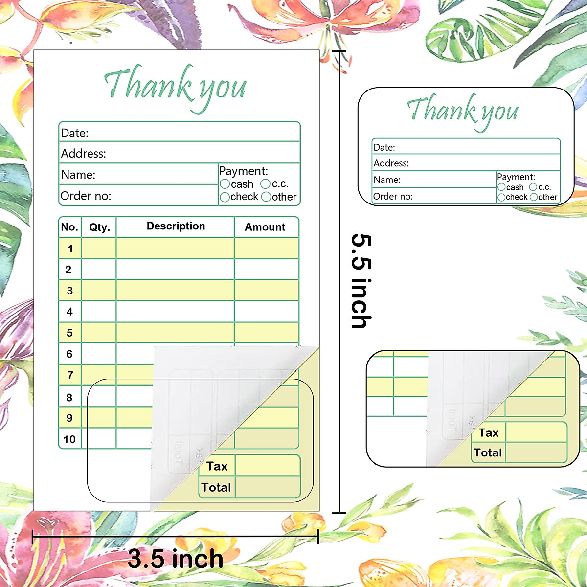 Thank You Receipt Book for Small Business 3.5x5.5 inch Receipt Book Order Forms Pad 2 Part Carbonless 50 Sets Sales Receipt Form, Order Invoice Book Invoice for Office Business Supplies