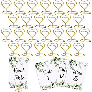 52 Pieces Wedding Table Numbers Cards 1-25 with Head Table Card Rustic Greenery Eucalyptus Table Cards Double Sided Table Place Cards and Gold Heart Wire Table Card Holder for Party Reception Birthday