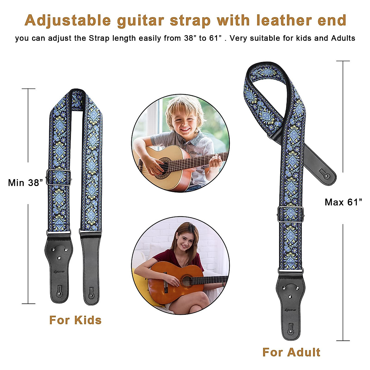 MYDAYTIN Acoustic Guitar Strap, Unisex Adult Guitar Straps, Vintage guitar strap with Jacquard Weave Embroidered Leather End
