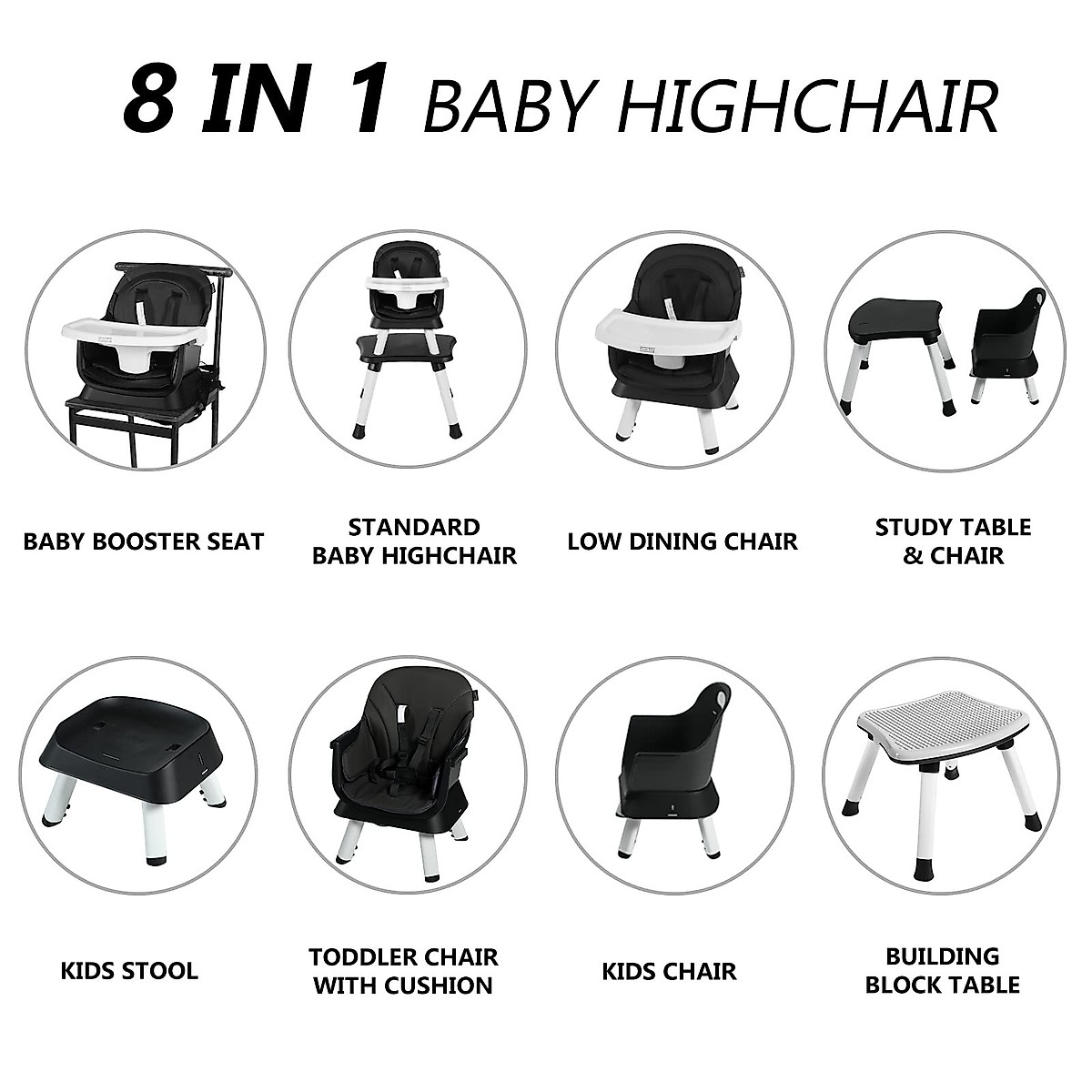 Kinder King 8 in 1 Baby High Chair, Coverts to Dining Booster Seat/Kids Table & Chair Set/Toddler Building Block Table/Kids Stool, Removable Tray & Double Seat Cover, Easy to Wipe, Grey
