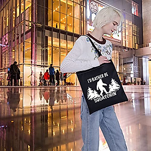 VAMSII I'd Rather be Squatchin Gifts Tote Bag Funny Gifts Shoulder Bag Sasquatch Gifts(black tote)