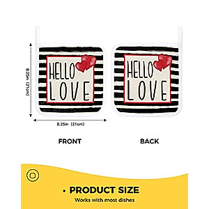 3Pack Pot Holders Cotton Heat Resistant Oven Hot Pads, Valentine's Day Potholder Cloth Potholders for Daily Kitchen Baking and Cooking with Hanging Loops - Hello Love with Black Stripes