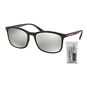Prada PS01TS LIFESTYLE DG02B0 56M Black Rubber/Light Grey Mirror Silver Rectangle Sunglasses For Men+ BUNDLE With Designer iWear Complimentary Eyewear Kit