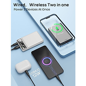Wireless Magnetic Power Bank,2 Pack 𝟏𝟎𝟎𝟎𝟎𝐦𝐚𝐡 Battery Pack with Super Magnetic,USB A&C,for Magsafe,Mini Wireless Portable Charger Compatible with iPhone 15/14/13/12 Series,Black and Off-white