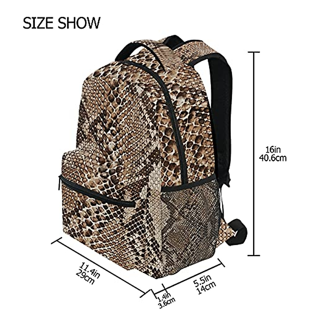 QUGRL Snake Skin Print 16" School Bookbag Cool Elementary Schoolbag College Daypack Animal Backpack Travel Sports