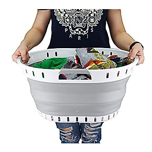 SAMMART 25L (6.6 gallon) Collapsible Plastic Laundry Basket - Foldable Pop Up Storage Container/Organizer - Space Saving Hamper/Basket (White/Grey)